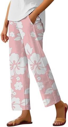 Generic Robe boh&egrave;me d&eacute;contract&eacute;e pour femme - Imprim&eacute; floral - Pantalon en lin &agrave; rayures - Taille &eacute;lastique - Cordon de serrage - Pour l&eacute;t&eacute;, le printemps, la 