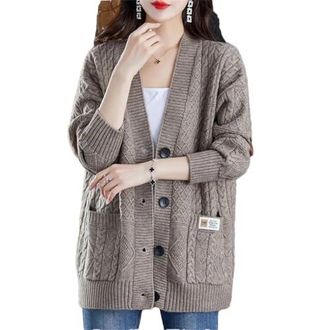 Generic Manteau court à col en V pour femme, simple, polyvalent, petit cardigan tricoté, Marron et gris., XXL