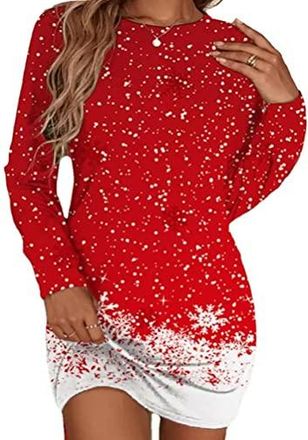 Onsoyours Robe De No&euml;l Femme Robe Pull Tricot&eacute; Col V Lanterne Manche Longue Robe &Agrave; Col Haut Imprim&eacute; De No&euml;l Robe De Soir&eacute;e 4 Rouge M