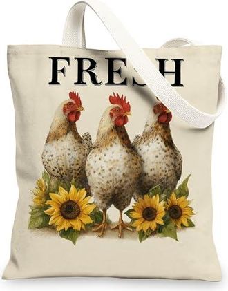 Generic Sacs fourre-tout en toile de poule rustique, motif poule de ferme, sacs dépicerie réutilisables, style campagnard vintage, légers et lavables, beige, 