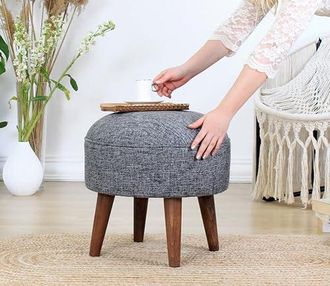Atelier Del Sofa Stylish Grey Pouffe, 43 cm Height, 45 cm Depth | 50% Cotton & 50% Velvet, 6 cm Orthopedic Sponge, Wooden Legs | Perfect for Bohemian & Scandinavian De