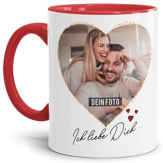 Tassendruck Tasse mit Spruch - Ich Liebe Dich - zum Selbst gestalten mit Zwei Fotos in Herzform - Geschenkidee f&uuml;r den Partner, Innen & Henkel Rot, 300 ml
