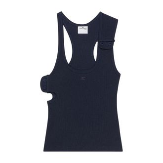 Courr&egrave;ges Femme, Tops, Bleu, Taille: 38 FR Haut avec d&eacute;coupe araign&eacute;e logo brod&eacute;