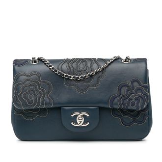 Chanel Blue Medium Embroidered Lambskin Camellia Follies Flap Bag