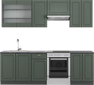 Vicco Küchenzeile Fame-Line, Grün-Gold Landhaus/Anthrazit, 240 cm ohne Arbeitsplatte