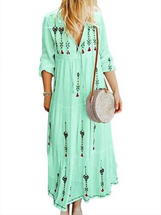 ORANDESIGNE Robe Longue Femme Grande Taille Manches Longues Col V Automne Imprimé Boho Maxi Dress Élégante Cocktail Bohème Robes B Vert 36