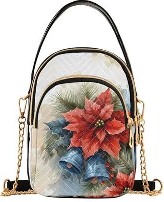 Mnsruu Sac à bandoulière pour femme - Motif fleur de poinsettia, branche de pin, clochette - Petit sac à bandoulière avec sangle réglable