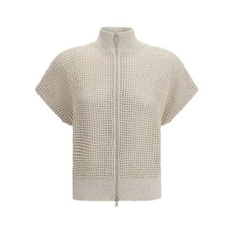 Brunello Cucinelli Femme, Pulls, Beige, Taille: 38 FR Cardigan en maille de coton avec fermeture boutonn&eacute;e