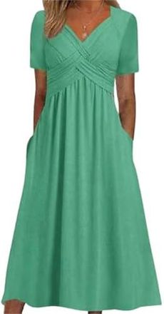Generic Robe d&eacute;t&eacute; &agrave; manches courtes avec col en V et manches courtes crois&eacute;es sur le devant pour femme - Robe d&eacute;t&eacute; fluide avec poches, Vert, 3XL