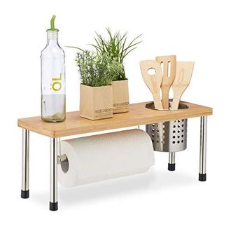 Relaxdays Etag&egrave;re de cuisine pour le plan de travail, Support &agrave; sopalin & corbeille &agrave; couverts, Bambou, naturel/argent&eacute;
