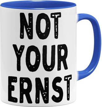 OM3 Not Your Ernst Kaffee-Tasse mit Spruch - Spruchtasse Fun Denglisch-Stil - Schelchtes Englisch - Keramik Becher - 325ml - Beidseitig Bedruckt - Blau