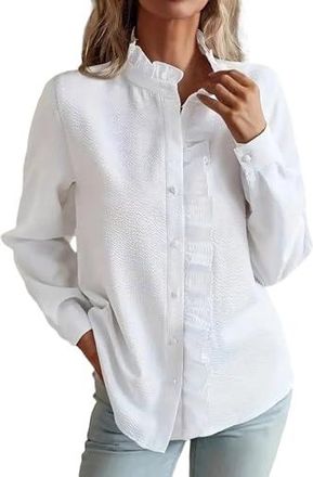 Generic Chemisier ample à manches longues avec imprimé rayé et col en V pour femme, blanc, XL