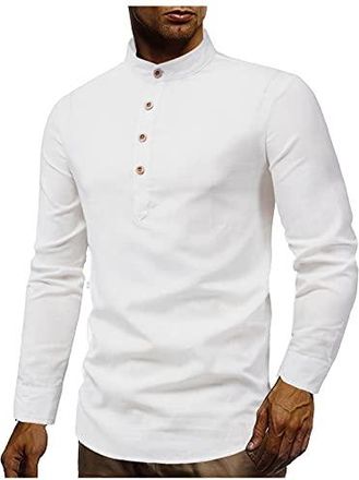 Generic Chemises en coton et lin pour homme - Chemise d&eacute;contract&eacute;e en coton et lin - Couleur unie - T-shirt confortable &agrave; manches longues - Col bande - Respir