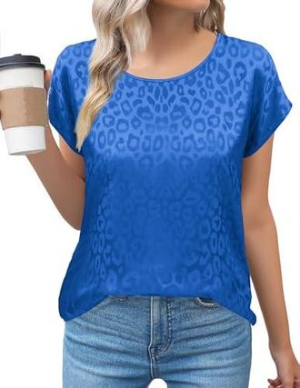 Zeagoo Satin Chemisiers Blouses Femme T-Shirt en Satin Manches Courtes Chemisier Col Rond Haut Été Tee Tops Bleu Royal, S