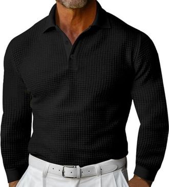Generic Polo à manches longues gaufré pour homme avec revers boutonné, coupe ajustée, Polos noirs à manches longues pour hommes, XL