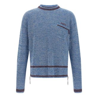 Marni Homme, Pulls, Bleu, Taille: M Pull en Coton Moulin&eacute; avec Broderie de R&eacute;paration