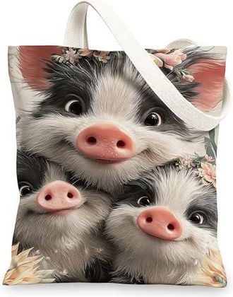 Generic Sacs fourre-tout en toile motif cochon mignon, sacs dépicerie réutilisables, légers et lavables avec bandoulière pour salle de sport, voyage, plage, p