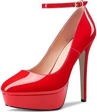 Castamere Femmes Aiguille Haut High Plate-Forme Talon Heel Rond Bout Lani&egrave;res Cheville Escarpins Slip-on Mariage Party Dress 13 CM Heels Rouge 43 EU