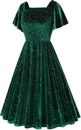 Generic Robe r&eacute;tro semi-formelle &agrave; col carr&eacute; et manches flottantes en velours dor&eacute; &agrave; paillettes pour femme, Vert, XXL