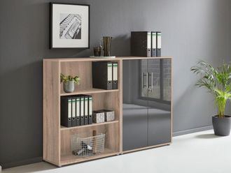 BMG Möbel Schrankwand Office Edition abschliessbarer Aktenschrank Büroschrank Büromöbel Regal in Eiche Sonoma/Anthrazit Hochglanz (Set 1 niedrig)