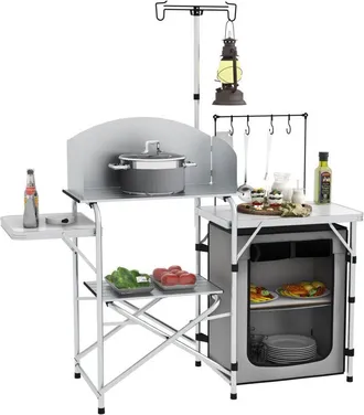 OUTSUNNY Campingk&uuml;che klappbar, Outdoor K&uuml;che mit UV-Schutz, Windschutz, Schr&auml;nkfach, 3 Arbeitsplatten, Lichtst&auml;nder, Aluminium, f&uuml;r Camping, Garten, Silber