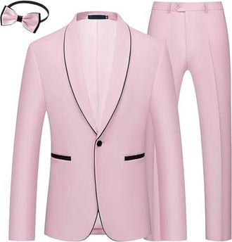 Generic Ensemble de costume 2 pi&egrave;ces pour homme avec blazer &agrave; revers ch&acirc;le et pantalon avec noeud papillon, rose, 5XL