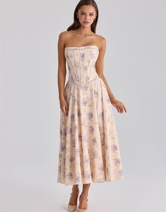 House of CB Gina - Robe bustier longue &agrave; imprim&eacute; pivoines douces - Ivoire-Blanc