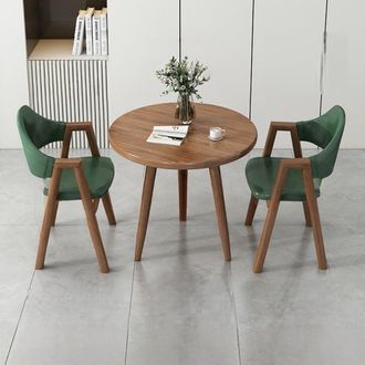 Generic Runder Empfangstisch Und 2 St&uuml;hle Im Set - Moderne Holzmaserung Mit PU-Ledersitzen for B&uuml;ro Oder Lounge(Dark Green Chairs+Walnut-Colored Table)