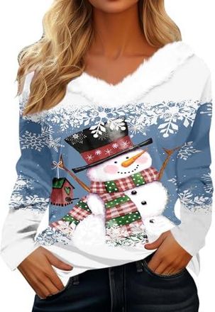Generic Pull de No&euml;l pour femme - Col en V - Manches longues - Automne - Hiver - Pull avec motif de No&euml;l - Col en fourrure - Pull de No&euml;l pour adolescentes et