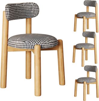 Generic Set mit 4 modernen Esszimmerstühlen aus Walnussholz, gebogenes Rückenteil, robuster Holzrahmen, kratzfestes Leder und karierte Stoffkissen, elegante E