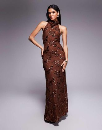 Asos Drapiertes Neckholder-Maxikleid aus Spitze in Braun mit Paillettenverzierung und R&uuml;ckenausschnitt-Brown