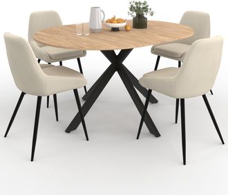 IDMarket Set ausziehbarer runder Esstisch ALIX aus Holz und Schwarz 110-150 cm und 4 St&uuml;hle THALYA Samt beige