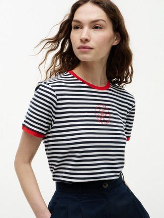 Tommy Hilfiger Kurzarmshirt TH ROUNDAL REG C-NK SS TEE mit kontrastfarbenen B&uuml;ndchen