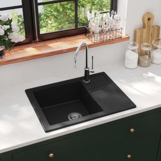 vidaXL K&uuml;chensp&uuml;le mit &Uuml;berlauf Oval Schwarz Granit vidaXL