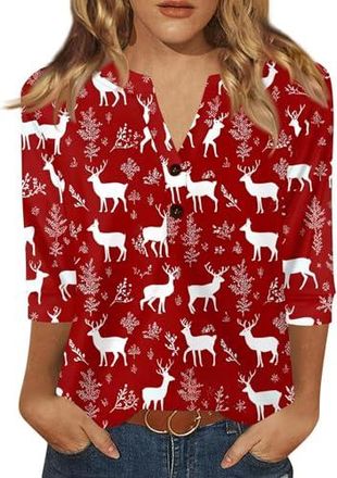 Generic T-shirt d&eacute;contract&eacute; &agrave; manches courtes pour femme avec col en V et motif de No&euml;l festif pour un quotidien confortable, rouge, XXL