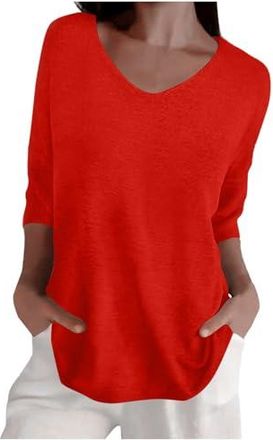 Generic 2026 Nouveau printemps d&eacute;contract&eacute; manches 3/4 couleur unie col en V pull ample tricot automne pulls tops, Rouge, XXL