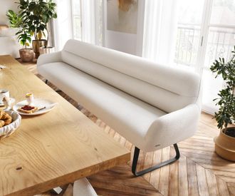 DELIFE Esszimmerbank Taya-Flex 300 cm Boucl&eacute; Creme-Wei&szlig; Kufengestell flach Schwarz Taschenfederkern, B&auml;nke