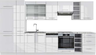 Vicco Küchenzeile Fame-Line, Weiß Hochglanz/Weiß/Weiß, 355 cm, AP Marmor