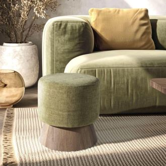 Macabane AGATHE - Pouf rond en tissu vert et pied bois D41cm