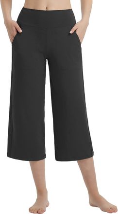 Baleaf Damen Yogahose Weites Bein Caprihose Damen Sommer mit Taschen High Waist 3/4 Straighthose Arbeiten Casual Lounge Sporthose Workout Jogginghose Schwarz