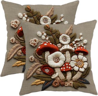 Generic Pilz-Kissenbezüge, bestickt, Beige, Blumenmuster, dekorative Kissen für Herbst, Heimdekoration, gemütlich, rustikaler Landhausstil für Sofa, Couch, Be