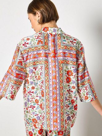 Apricot Satinbluse Satinhemd mit Blumenmuster Bedruckt