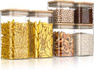 Arendo Vorratsgl&auml;ser mit Deckel - 6er Set - Glasbeh&auml;lter aus Glas - hitzebest&auml;ndig - Vorratsdosen mit Bambusdeckel - luftdicht - f&uuml;r M&uuml;sli Zucker Mehl Spaghe