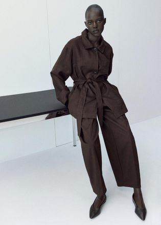 Mango Gilet lin ceinture chocolat - Femme - XS - MANGO