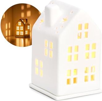 Com-Four Photophore en Porcelaine - Maison en Porcelaine Mate avec Pied pour Bougie Chauffe-Plat - Maison Lumineuse - Décoration de pièce élégante en Forme de 