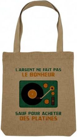 Fabulous Sac Shopping Tote Bag Aspect Lin - Platines Vinyle DJ - Largent ne Fait Pas le Bonheur Musique Sac de Courses Toile Epaisse 360g Beige Naturel Cabas P
