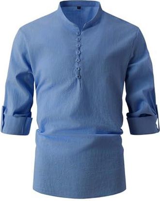 Generic Chemise &agrave; demi-boutons pour homme, chemise en coton et lin, chemises minimalistes de couleurs unies, chemises respirantes et polyvalentes, confortable