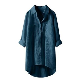 Generic Chemisier en lin pour femme - Manches longues - &Eacute;l&eacute;gante chemise en lin avec boutons - Chemisier confortable pour femme - Revers - Chemisier d&eacute;t&eacute; l&eacute;ge