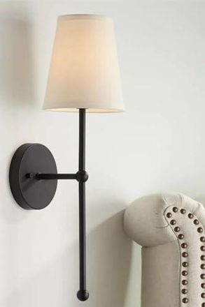 Opviq Stylish Wall Lamp, Black & Cream, 60 cm Height | Metal Body, Fabric Cap, 1 x 3.15W LED, 4500K | Battery Operated, IP20, On/Off Switch | Modern Decor