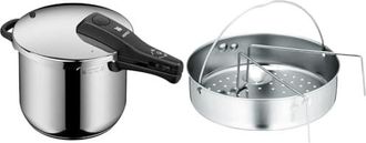 WMF Perfect Schnellkochtopf Induktion 6 & Schnellkochtopf-Zubehör Set 2-teilig, Einsatz gelocht mit Einsatzsteg, für Schnellkochtöpfe 3,0-8,5l, Cromargan 